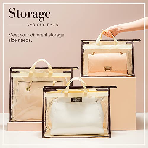 Uizokequq 10 Pack Dust bag for handbag - 4 Sizes Clear Purse Storage Organizer for Closet, Hanging Zipper Closet Organizers and Storage, Beige
