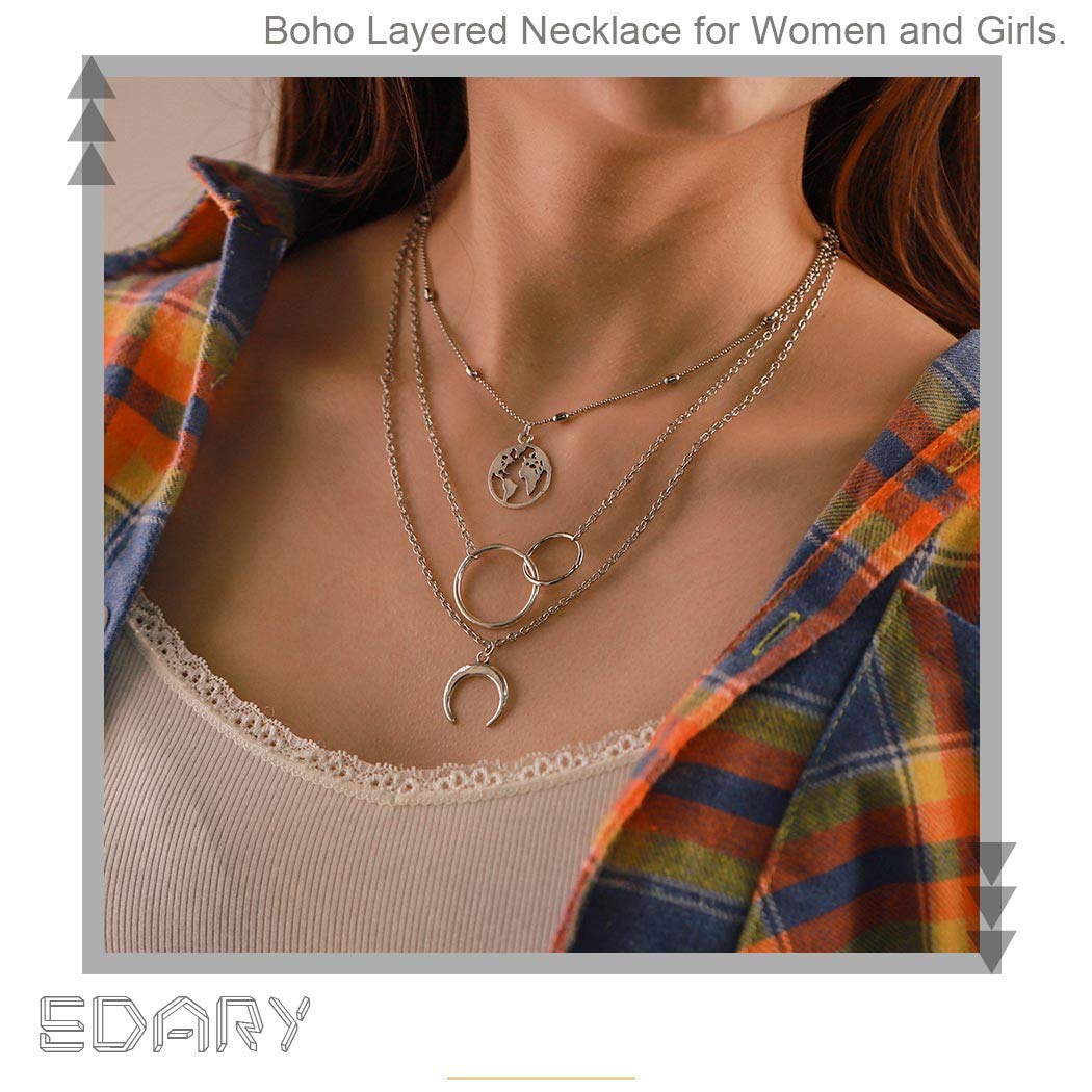 Edary Boho Layered Necklace Moon Necklaces Map Pendant Silver Jewelry for Women(Silver)