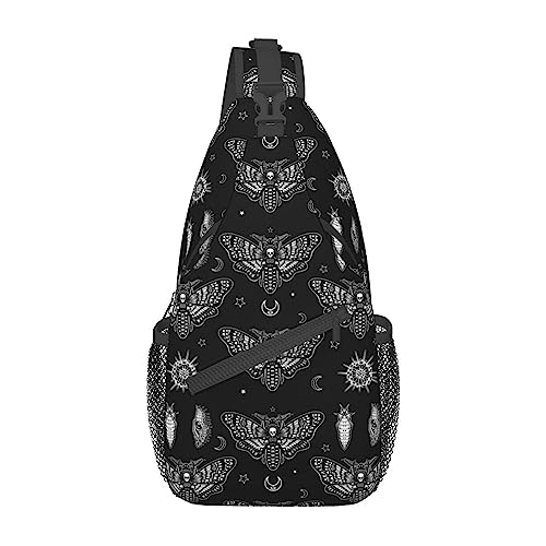 RIMENCH gothic moth skull sun moon black and white Crossbody Sling Backpack Sling Bag Travel Hiking Chest Bag Daypack