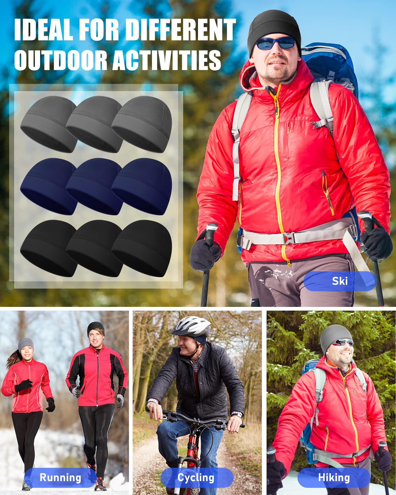 Foaincore 9 Pcs Winter Fleece Helmet Men Liners Warm Skull Cap Beanie Hats Running Cycling Hats(Black, Gray, Nay Blue, Spandex)