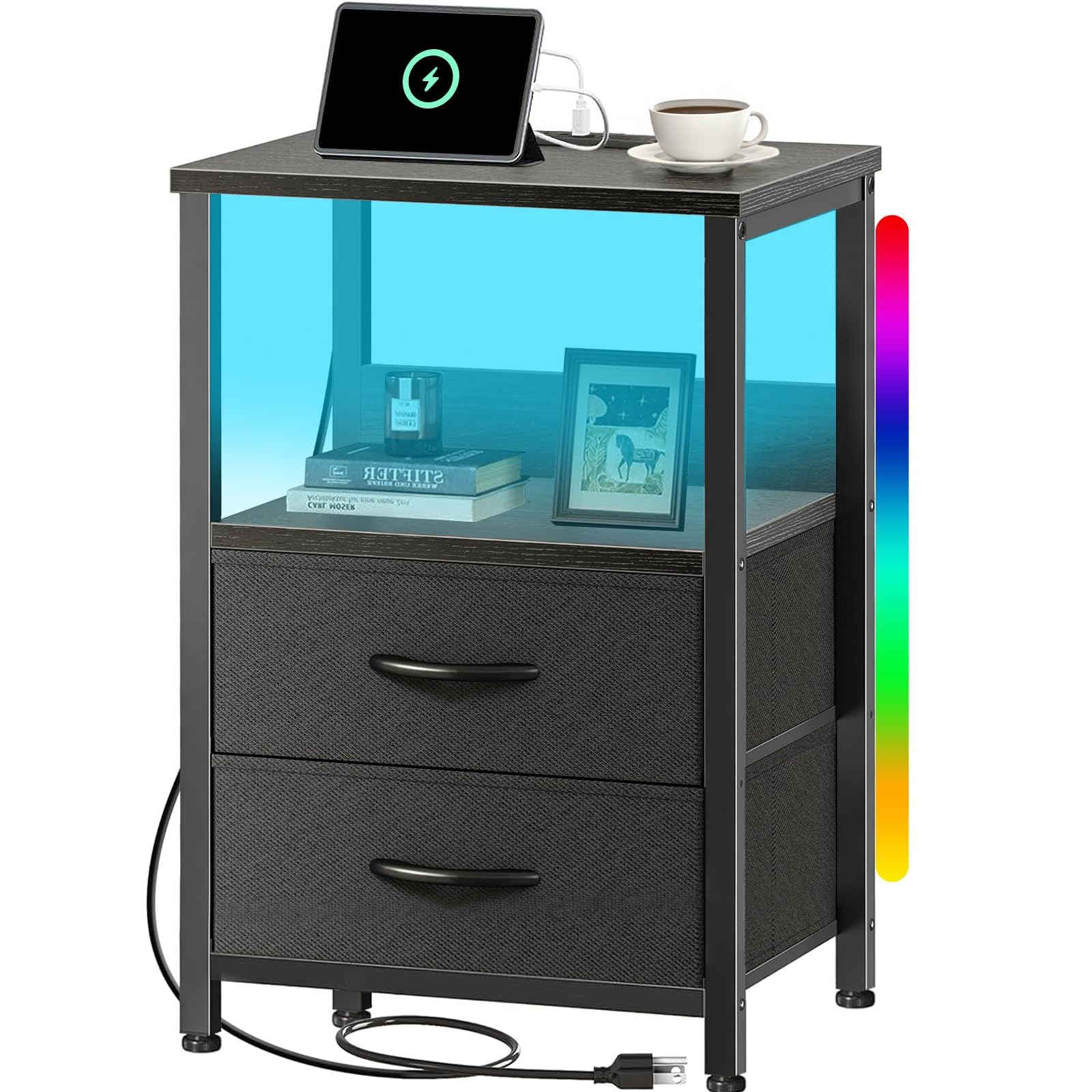 Night Stand Set of 2, Bedside Tables with Fabric Drawers, Side Table with Charging Station, LED Nightstand with USB Ports and Outlets, Small End Table for Bedroom, Rustic Brown