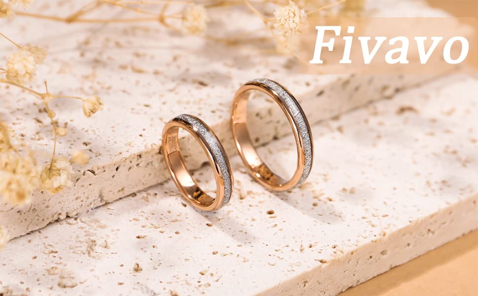 Fivavo 4mm Womens Rose Gold Rings Silver Imitated Meteorite Inlay Tungsten Wedding Band Ring Size 9