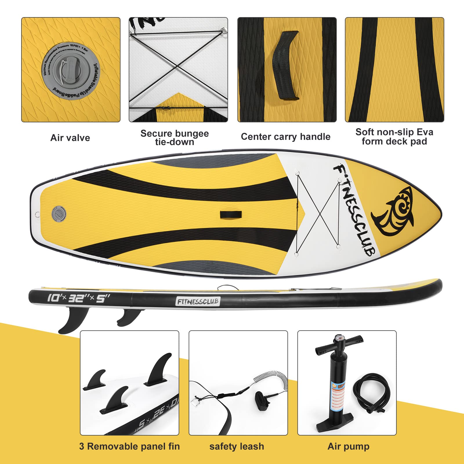 Fitnessclub 10'x32''x5'' Inflatable Stand Up Paddle Board,Yoga Board,Camera Seat, Floating Paddle with SUP Accessories, Adjustable Paddle,10L Waterproof Bag,Pump, Backpack for Youth Adult(Yellow)