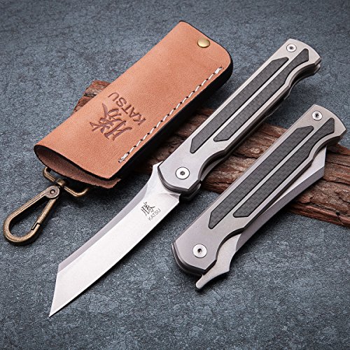 KATSU Camping Pocket Folding Japanese Knife, Titanium & Carbon Fiber Handle, Frame Lock, Stonewashed Cleaver Razor Blade, Leather Sheath
