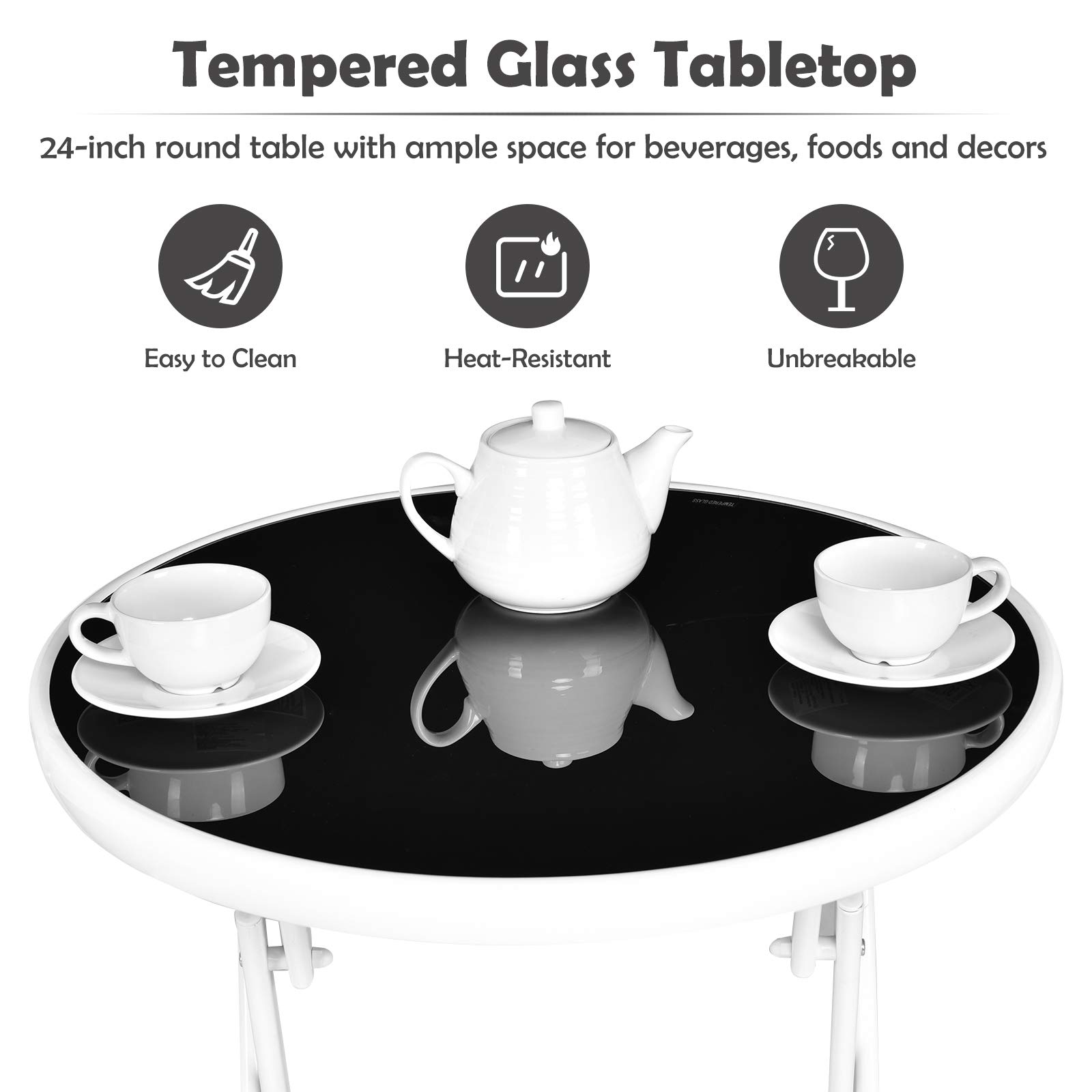 Tangkula 3 Pieces Folding Patio Bistro Set, No Assembly Required, Outdoor Folding Chairs & Table Set with Tempered Glass Tabletop, Outdoor Furniture Set for Garden, Poolside & Backyard (Black)