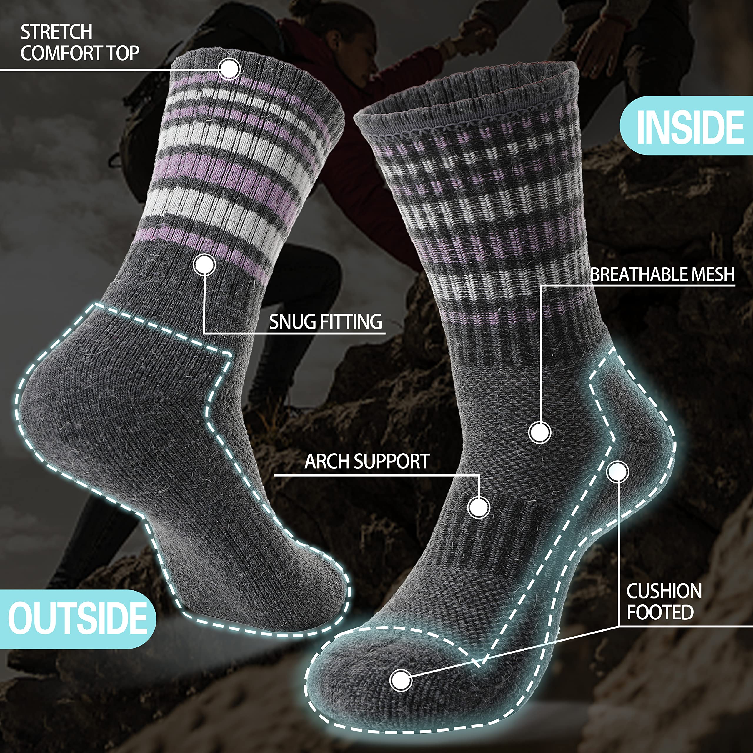 EBMORE Womens Merino Wool Hiking Socks Thermal Warm Winter Boot Crew Cushion Work Gift Socks 5 Pairs(Striped-A,M)