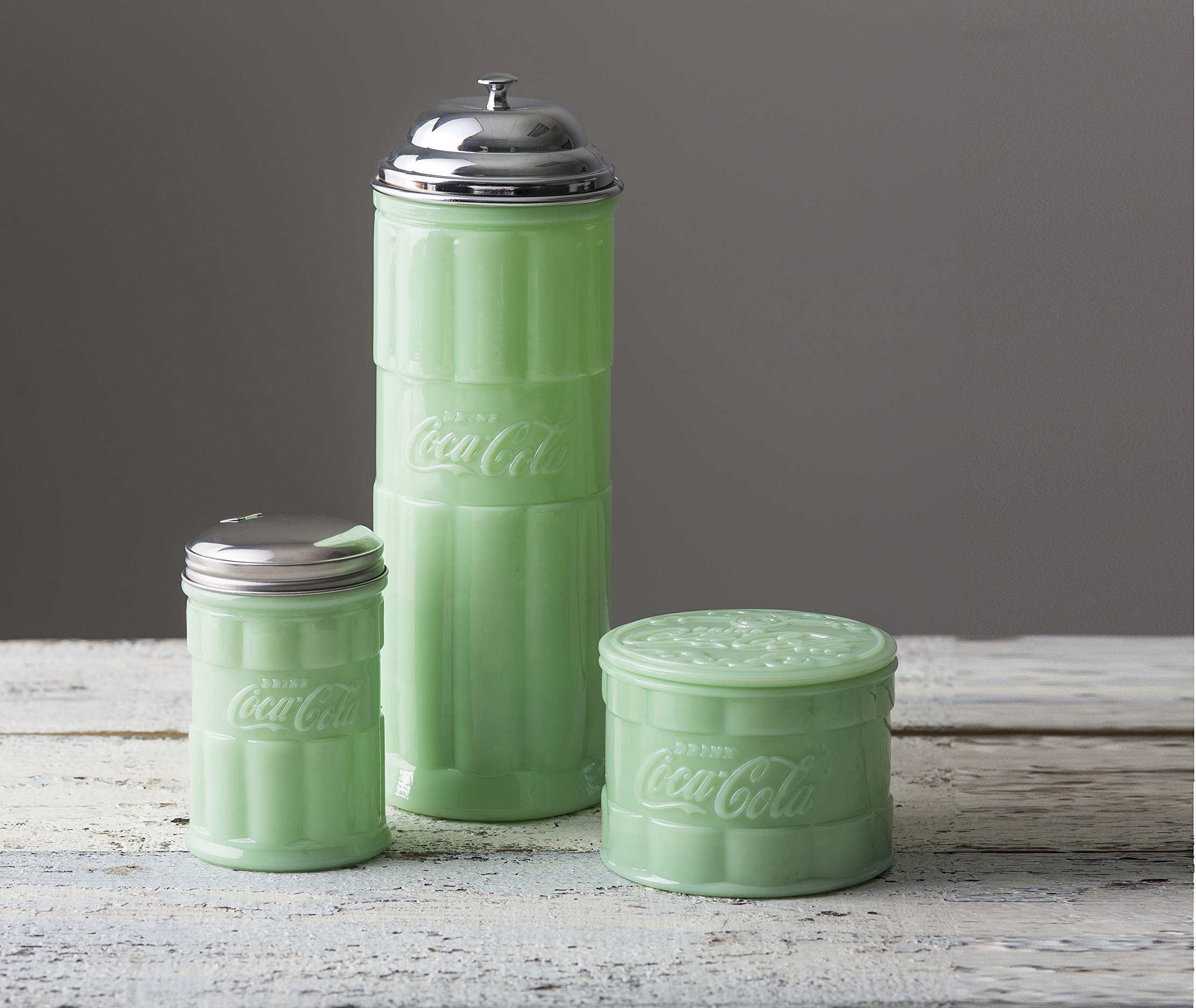 TableCraft's Coca-Cola Jadeite Salt Cellar with Lid 4.25 x 4.25 x 3.75", Green