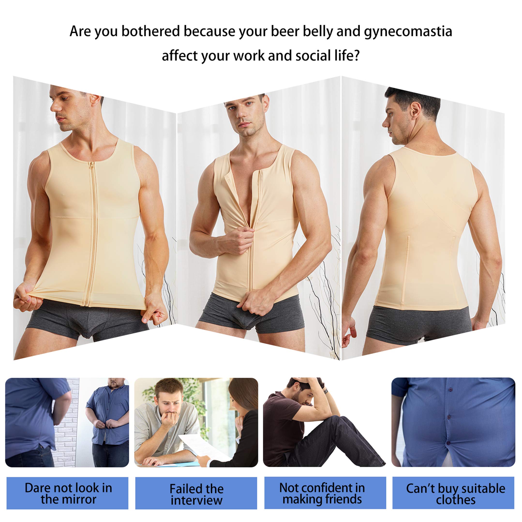Eleady Men's Compression Shirt Undershirt Slimming Body Shaper Athletic Workout Shirts Tank Top Sport Vest with Zipper (Beige, Medium)