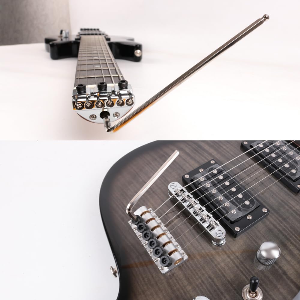Fojill Full Scale Length Travel Portable Black Electric Guitars Mini Flame Maple Headless Electric Guitar (Black)