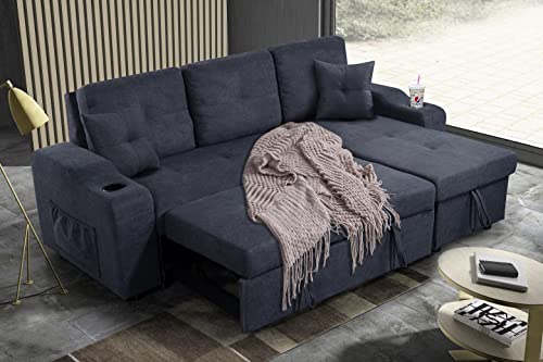 MOEO L-Shape Sleeper Sectional Sofa with Pull-Out Bed and Storage Space, Convertible Left/Right Couch w/Chaise Longue, 2 Cup Holders & Side Pockets for Living Room, Home, Apartment, 92", Dark Gray