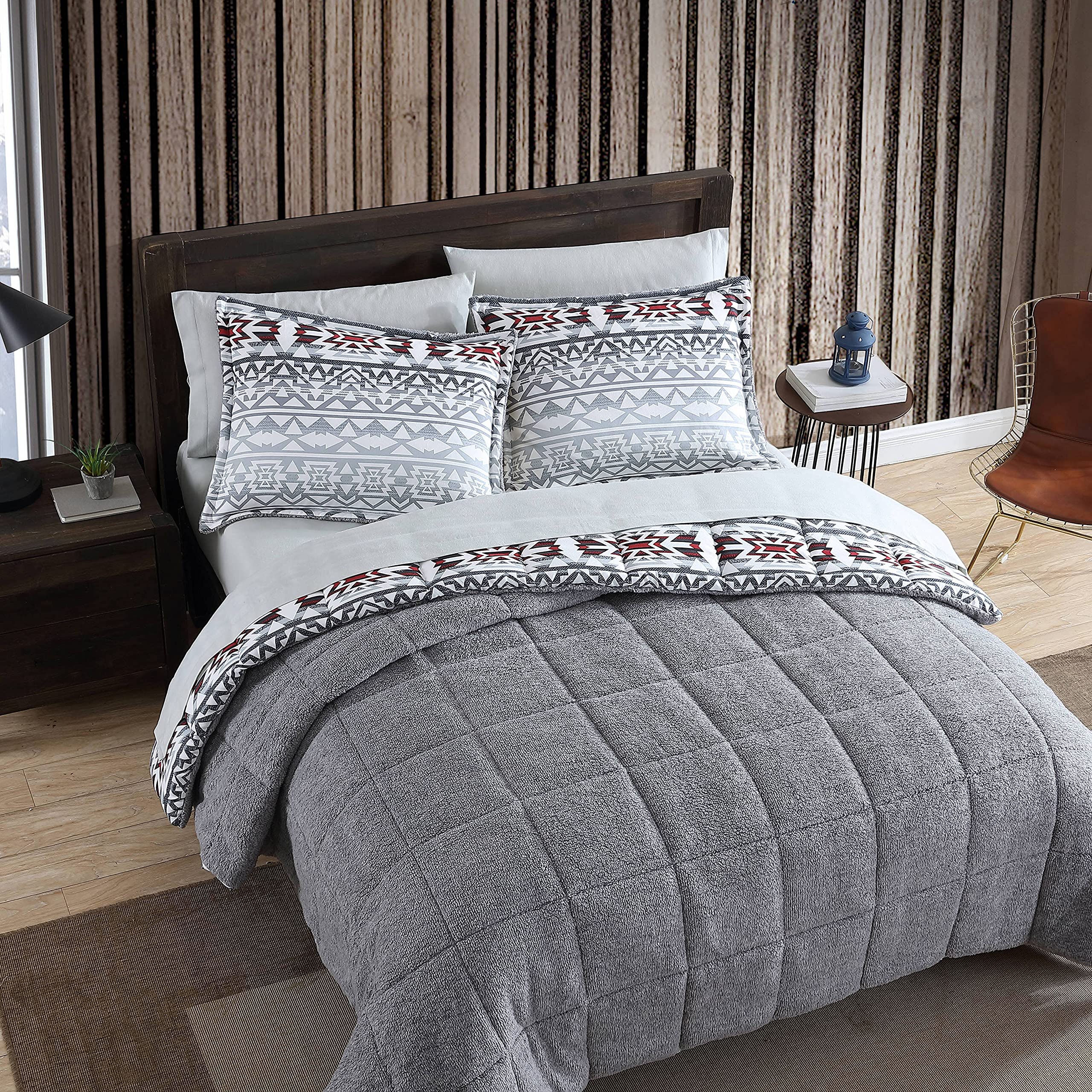 Eddie Bauer Home | Clyde Hill Collection | Comforter Set - Soft & Cozy, Medium-Weight, Sherpa Reverisble Bedding with Matching Shams, Queen, Grey