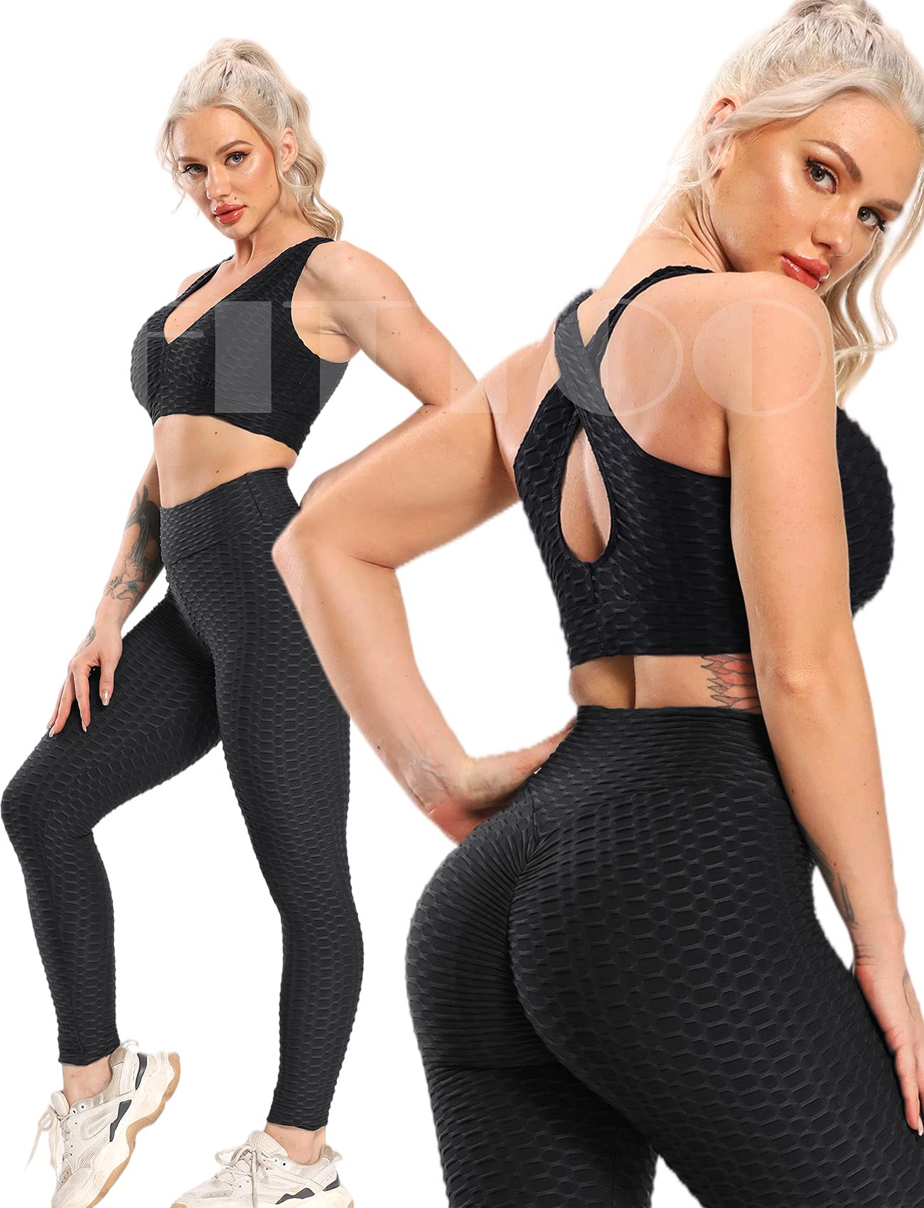 FITTOO Women's High Waist Yoga Pants Tummy Control Scrunched Booty Leggings Workout Running Butt Lift Textured Tights Dark Grey X-Large