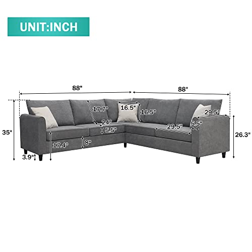 MOEO Living Room L Shape Sectional Sofa with 3 Pillows, 88" Modern Upholstered Fabric Corner Couch with for Home Furniture, Grey