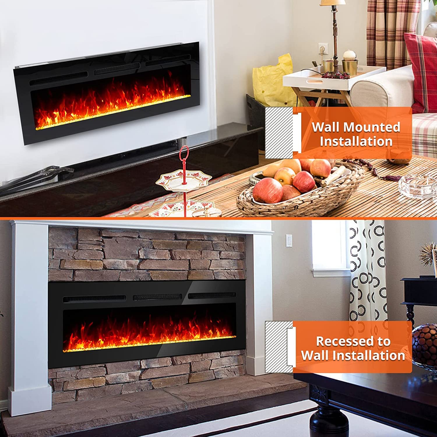 Electric Fireplace, 50 inch Recessed and Wall Mounted Electric Fireplace with Remote Control, Timer and Touch Screen, 12 Adjustable Flame Color and Speed, 750W/1500W