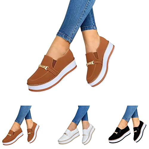 FASDNENDYS Ladies Shoes Fashion Solid Color Low Top Platform Platform Heel Slip On Casual Shoes Elevator Shoes Casual Brown