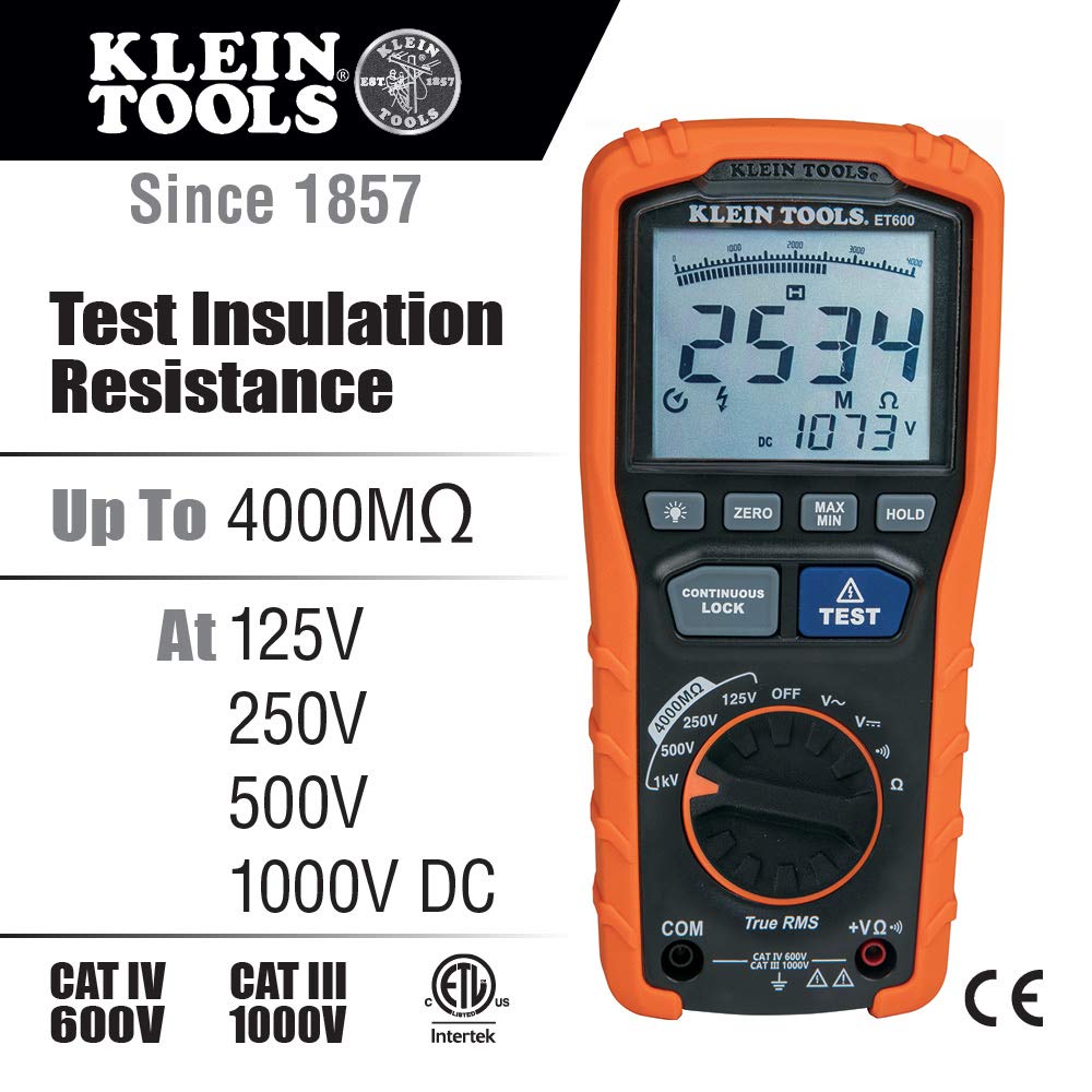 Klein Tools ET600 Multimeter, Megohmmeter Insulation Tester, 4000 Ohms Resistance, 125V/250V/500V/1000V, Auto-Ranging TRMS Multimeter & 69417 Rare-Earth Magnetic Hanger, with Strap