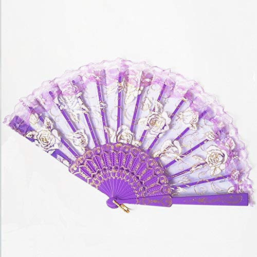 Folding Fan 1Pcs Chinese Style Folding Fan Lace Hand Held Rose Flower Folding Fan Dance Party Wedding Decor Ventilador Plegable Christmas Fan (Black)