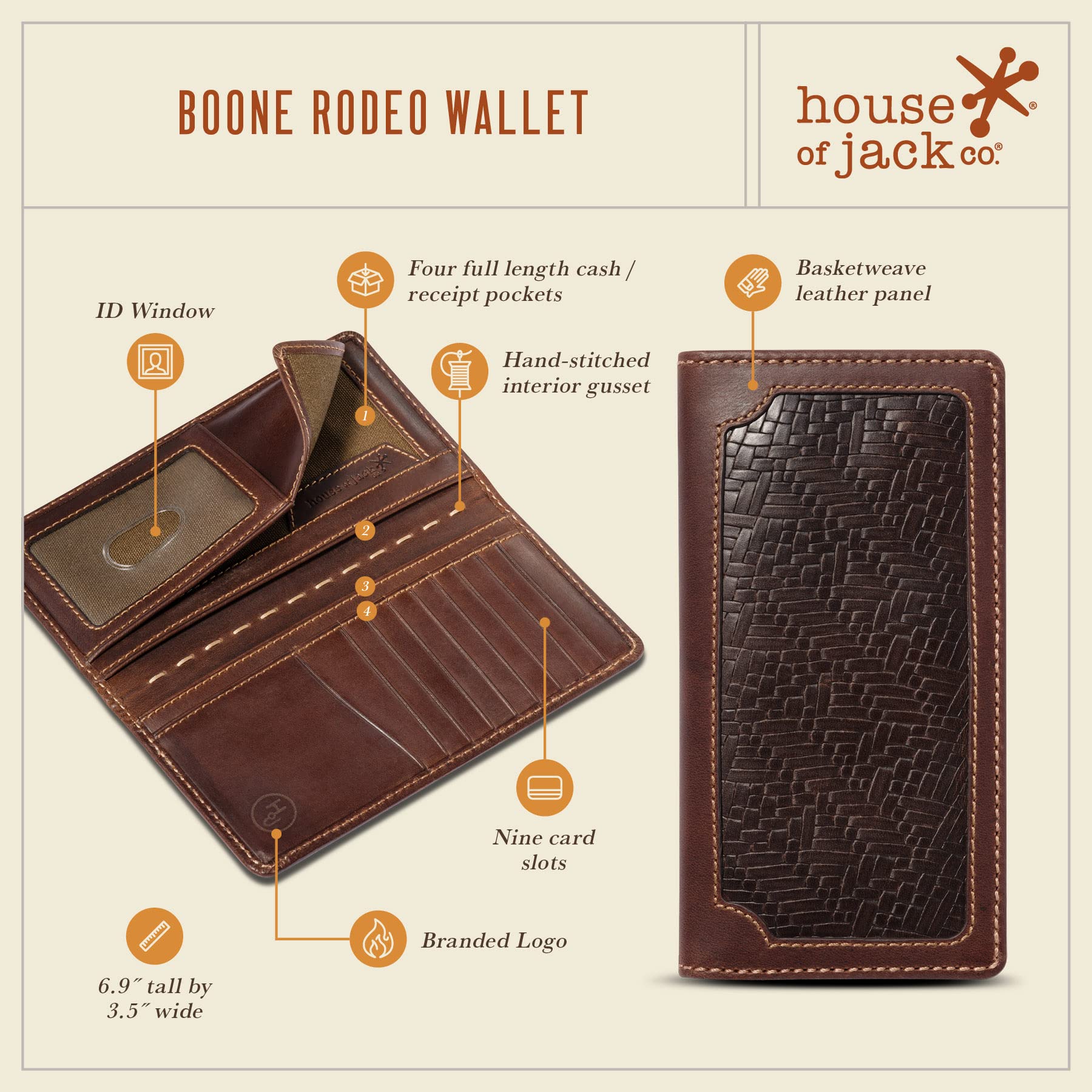 HoJ Co. BOONE Mens Long Wallet | Cowboy Wallet | Basketweave Full Grain Leather Rodeo Wallet | Long Bifold Men's Wallet | Western Wallet