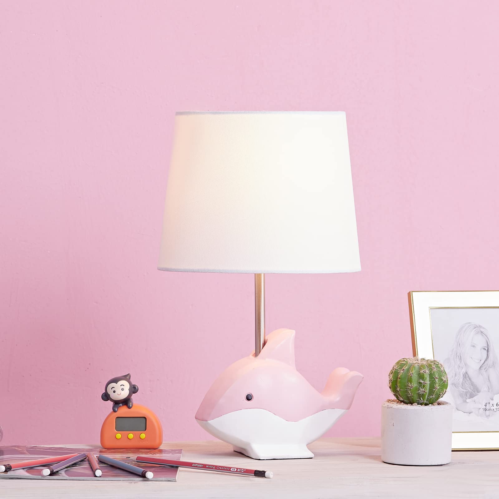 Maxax Desk Lamp, 15'' Pink Dolphin Table Lamp with White Shade for Bedroom, Kindergarten, Preschool