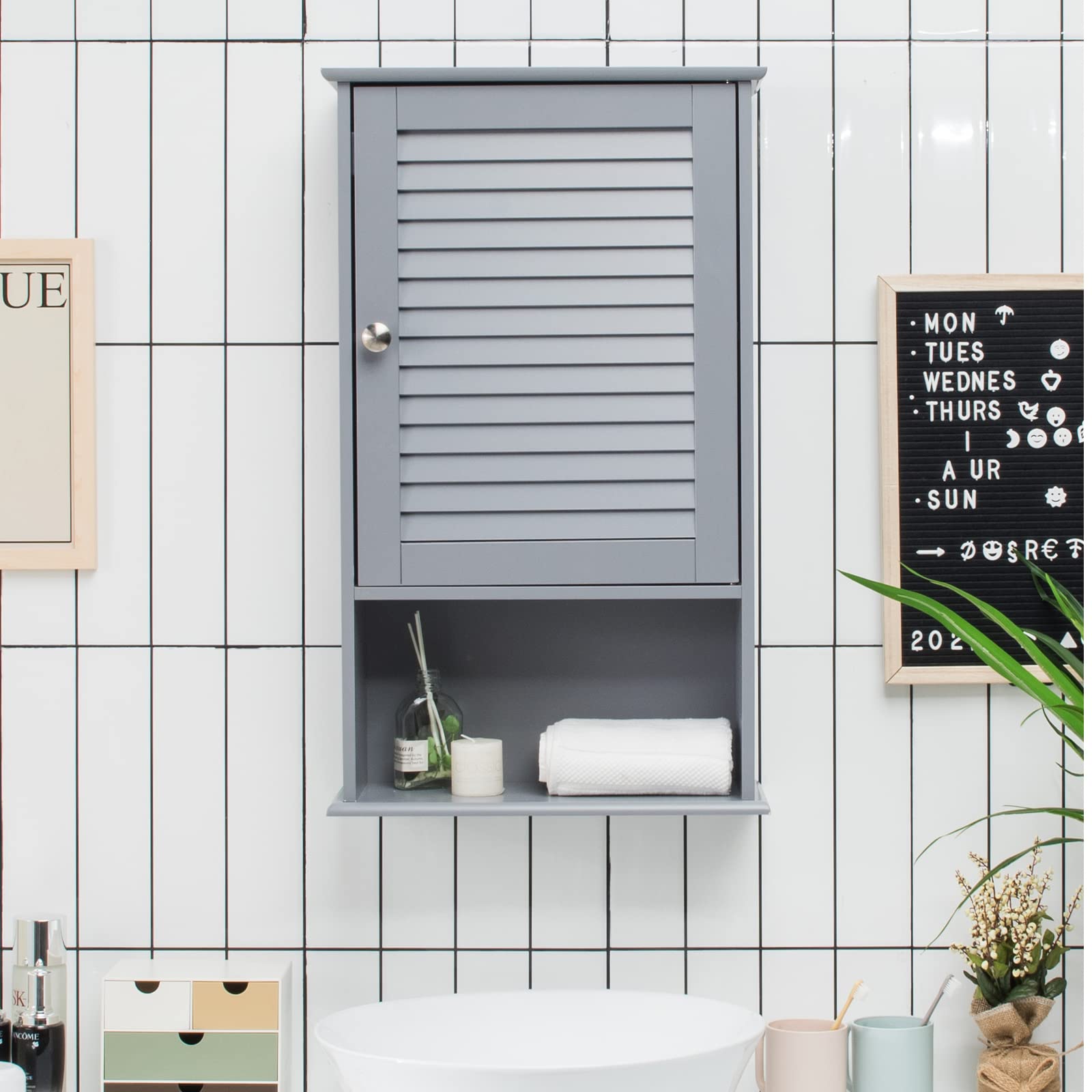 Tangkula Medicine Cabinet, Wall Mounted Bathroom Cabinet Single Door Wooden Bathroom Wall Cabinet with Adjustable Shelf (Grey)