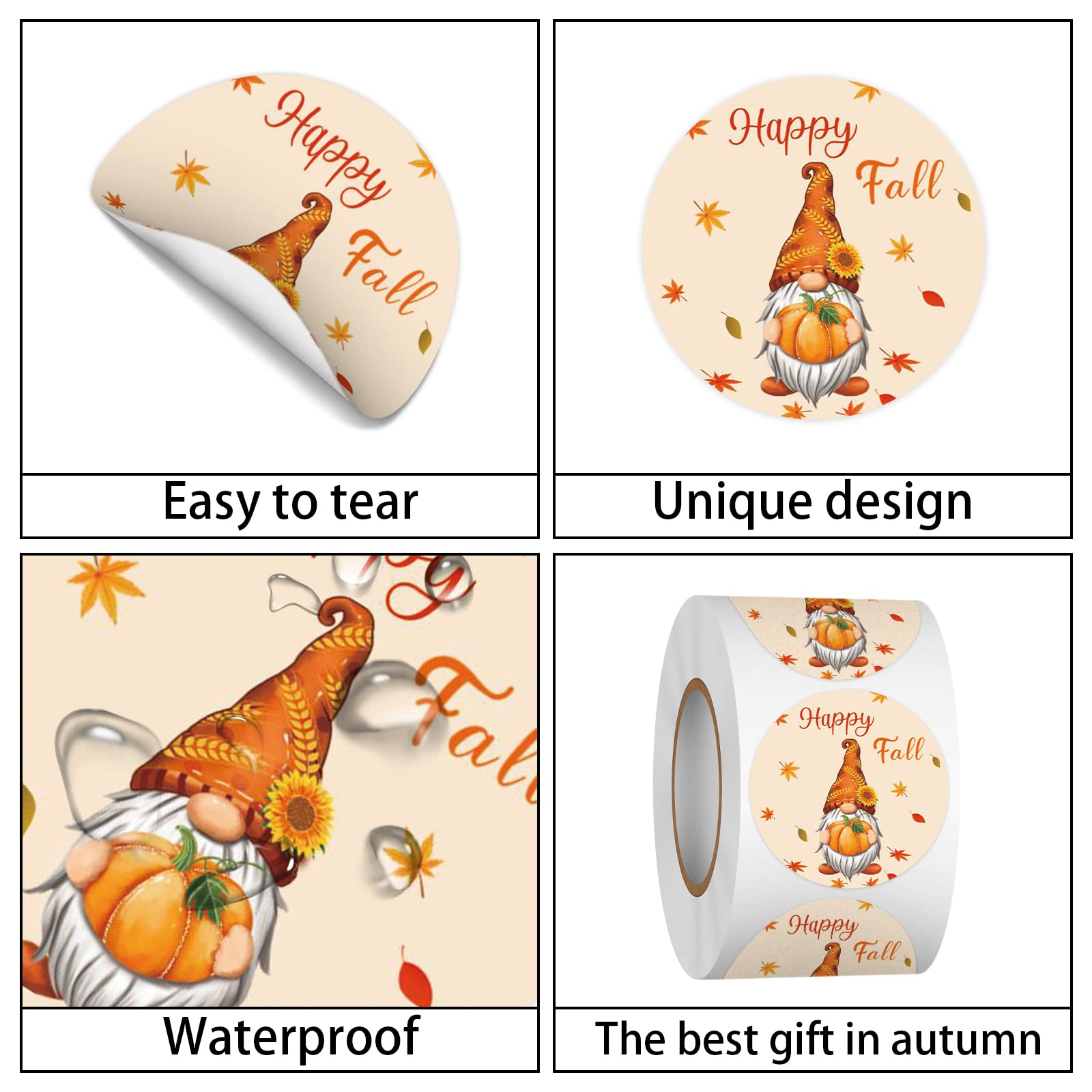 Heyfibro 500 PCS Happy Fall Y'all Stickers, 1.5 Inch Thanksgiving Stickers Label for Packing, Party, Bags, Boxes(Gnomes)