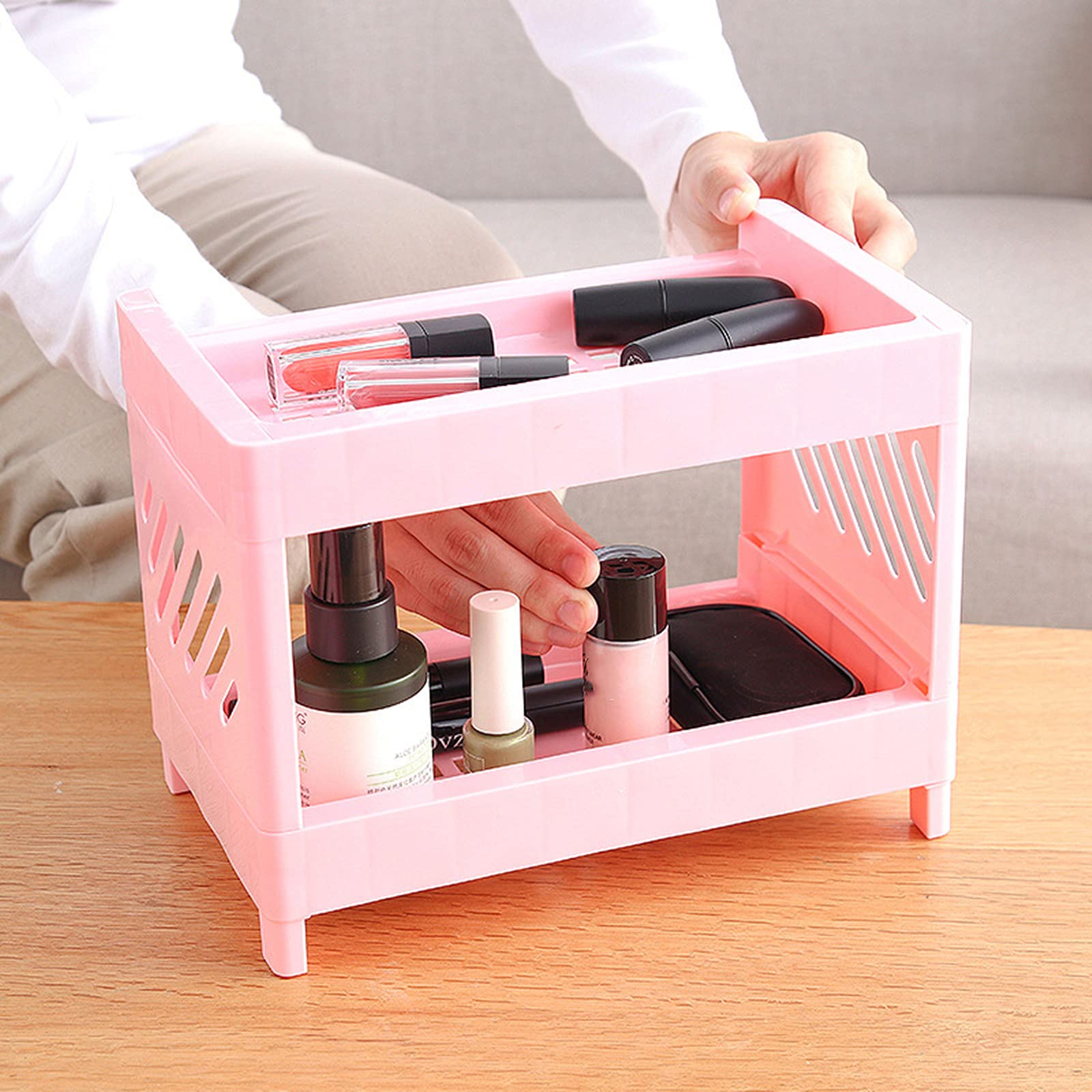 XINGWANG Double-Layer Desktop Storage Rack, Foldable Office Stationery Storage Rack,Kitchen Seasoning Storage Rack, Bathroom Cosmetic Storage Rack (Pink, 2-Layer)