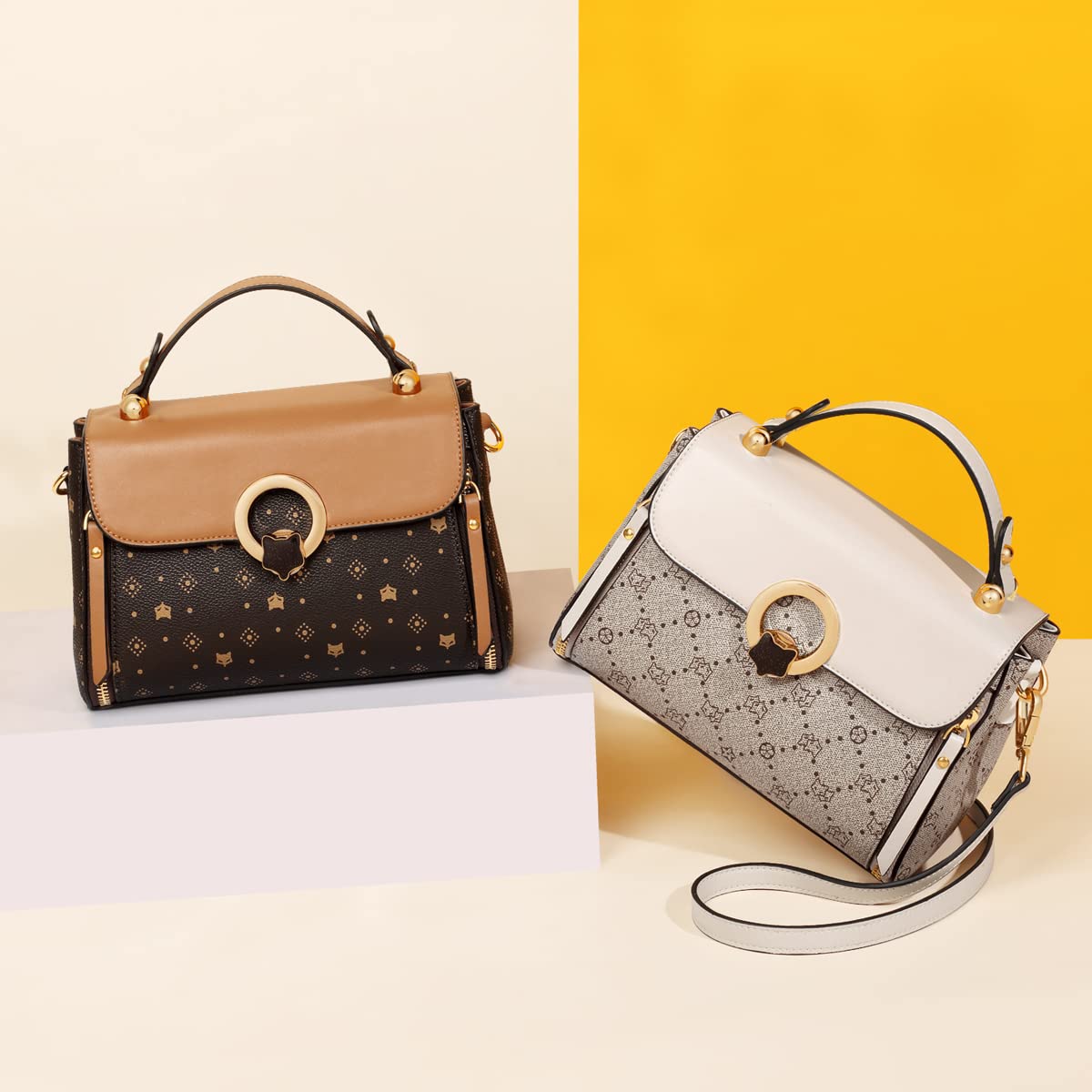 FOXLOVER Small Crossbody Bag for Women PVC Leather Detachable Strap Lightweight Twist Lock Flap(White-Small size)
