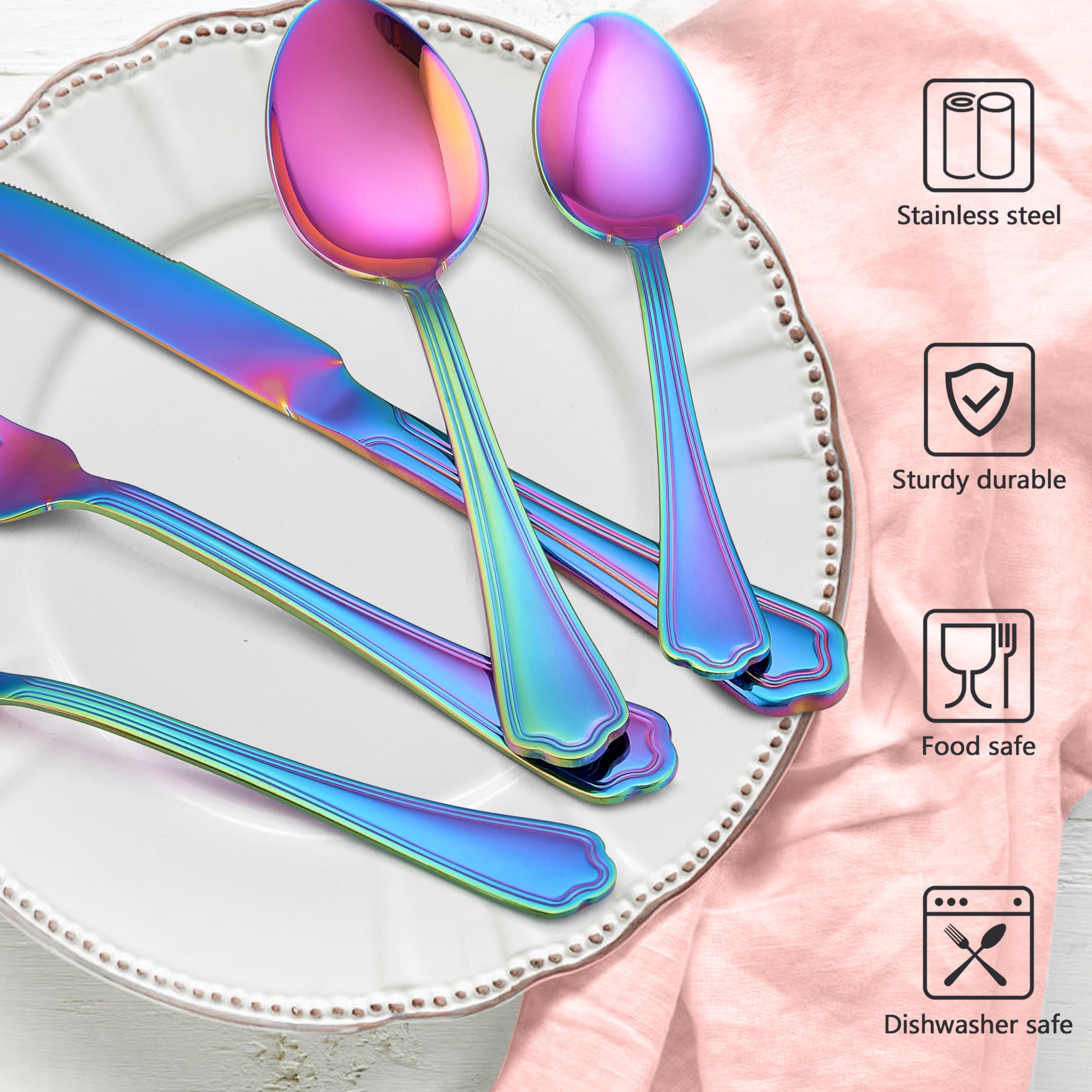 E-far Rainbow Silverware Set, 20 Piece Stainless Steel Flatware Set Service for 4, Colorful Knives Forks Spoons Utensils Set with Square Edge, Mirror Polished