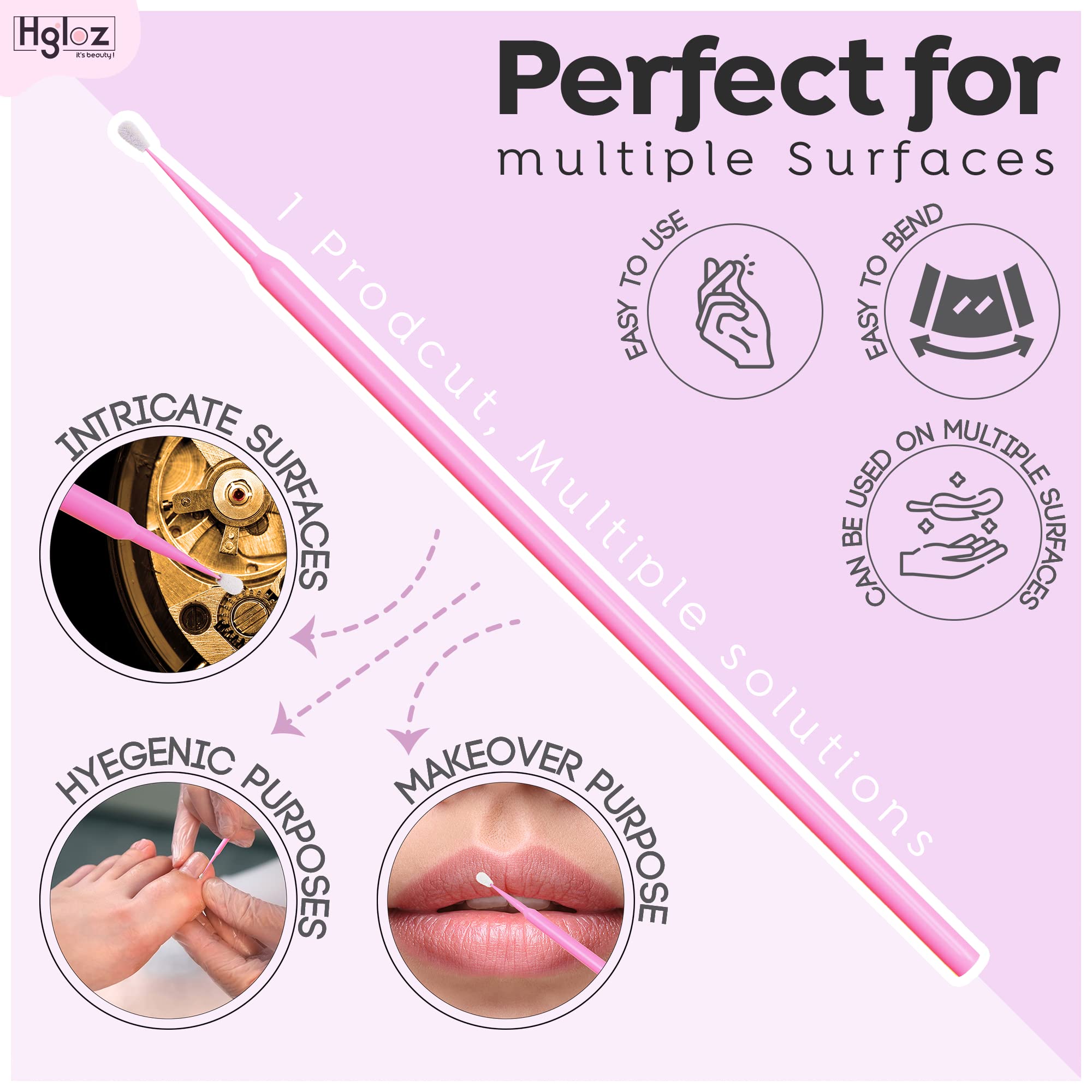 HGLOZ Microswabs for Eyelash Extensions Pack of 500 in Pink โ 2mm Soft Micro Applicator Brush with Microfiber Wands โ Suitable for Cleaning and Applying Make-up