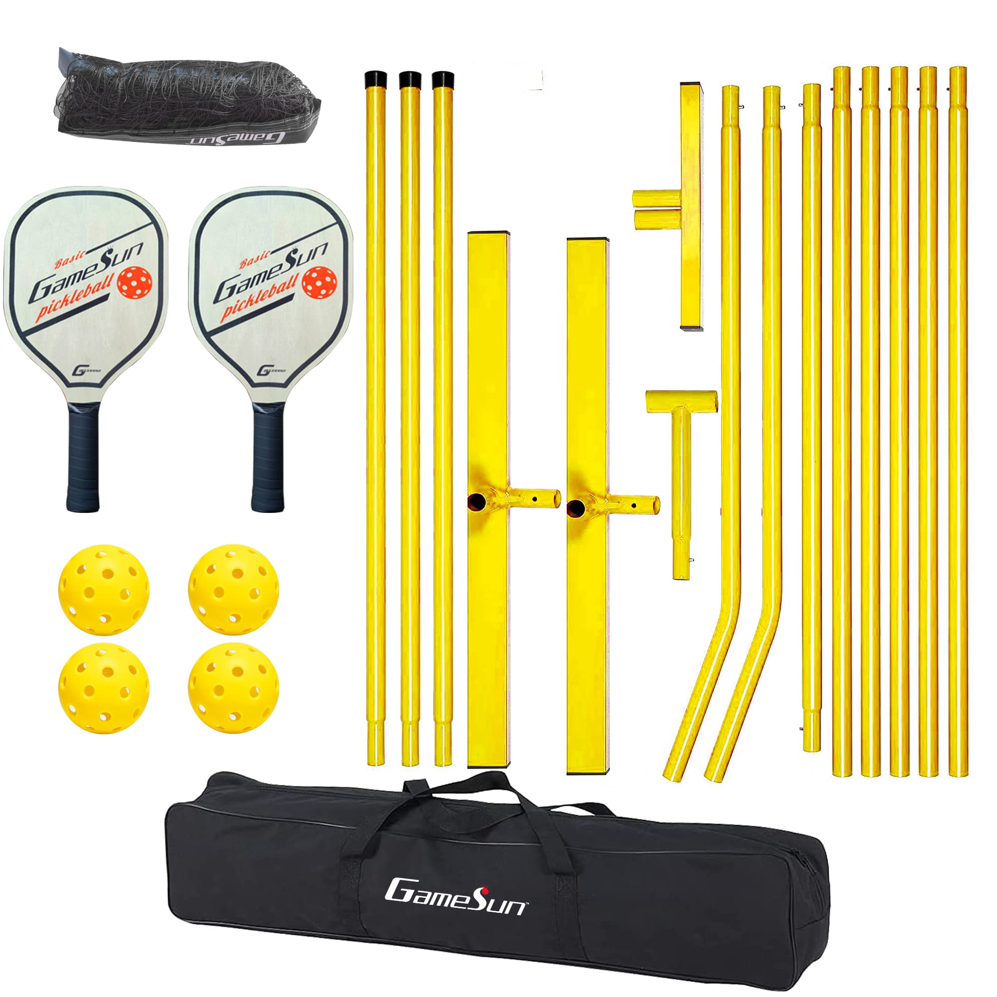 GAMESUN Complete Pickleball net Set for Outdoor, Indoor, Backyard use, Includes Metal Frame, 22 Feet PE net, Paddles, Balls ,Carry Bag