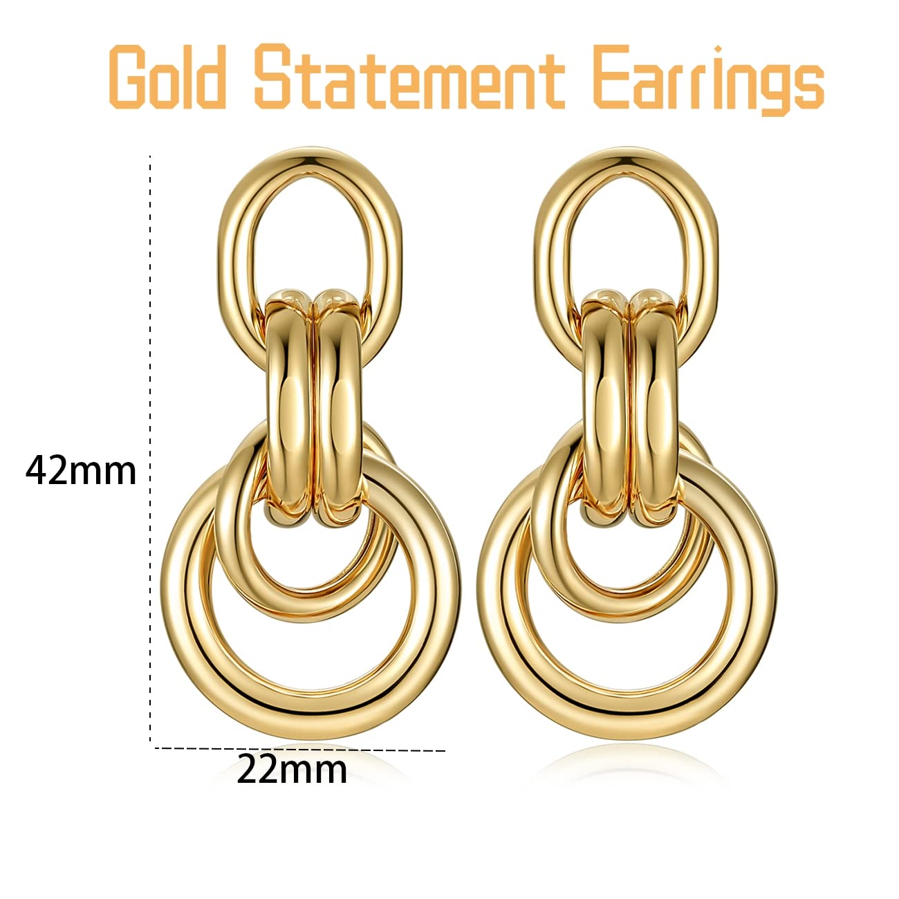 Gold Statement Earrings - Large Geometric Circle Hoop Link Chunky 14K Gold Plated Statement Dangle Earrings for Women Jewelry Gifts (Gold)