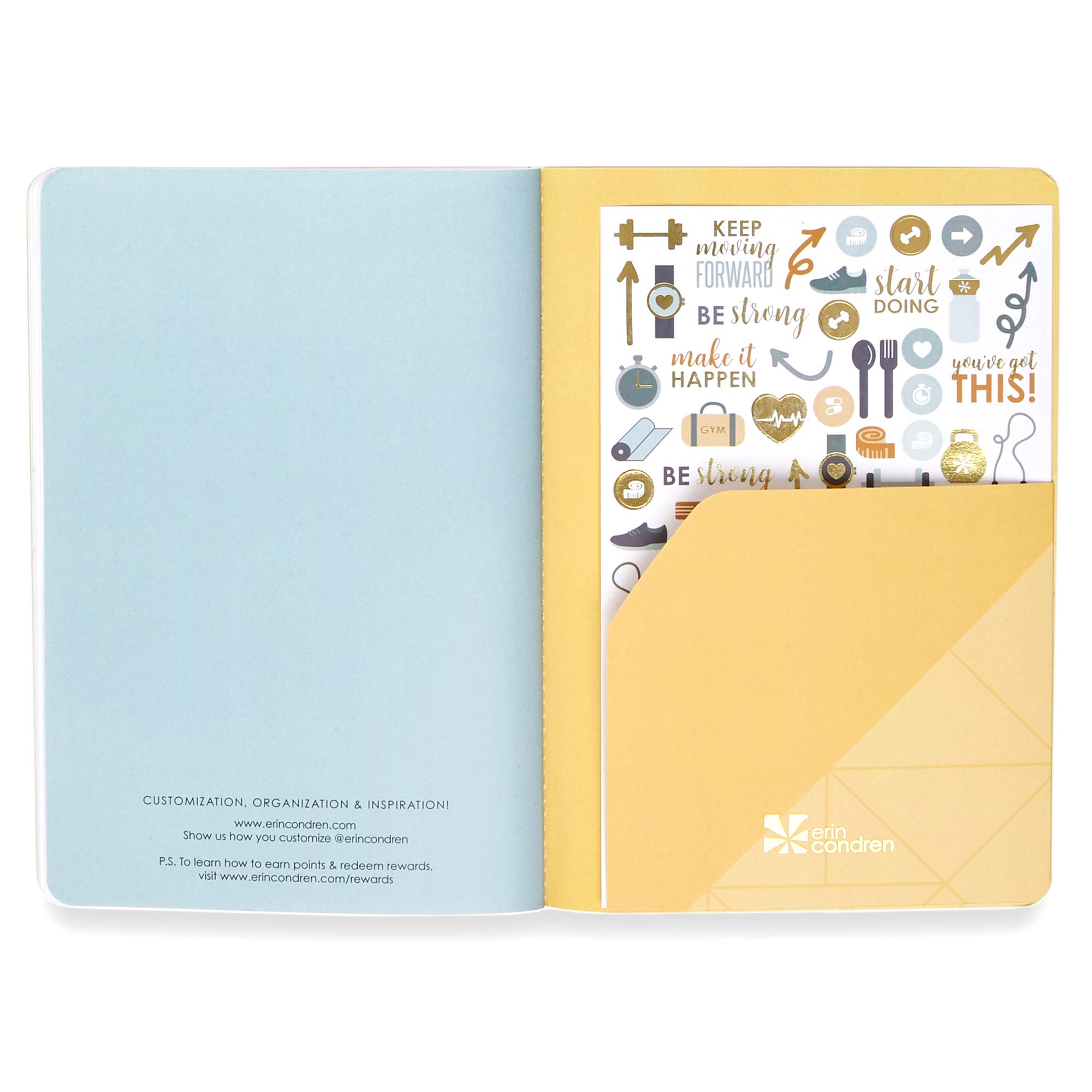 Focused Wellness Log, Petite Planner & Agenda. Features Sleep Log & Tracker, Water Intake, Step Track & Health Goal Log. Includes Motivational Sticker Set by Erin Condren