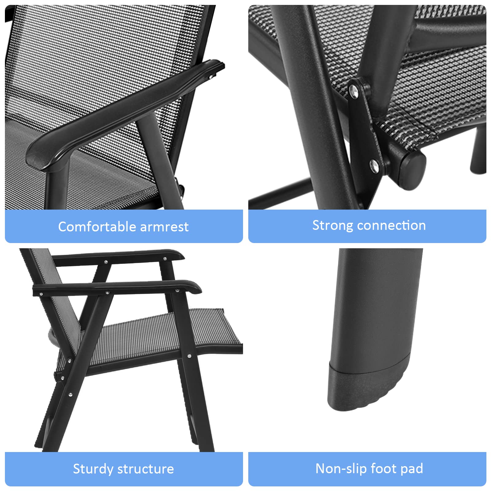 Tangkula Set of 4 Patio Folding Chairs, Fabric Dining Chairs with High Back & Armrests, Portable Camping Lounge Chairs with Sturdy Metal Frame, Outdoor Sling Chairs for Patio Lawn Garden (Grey)