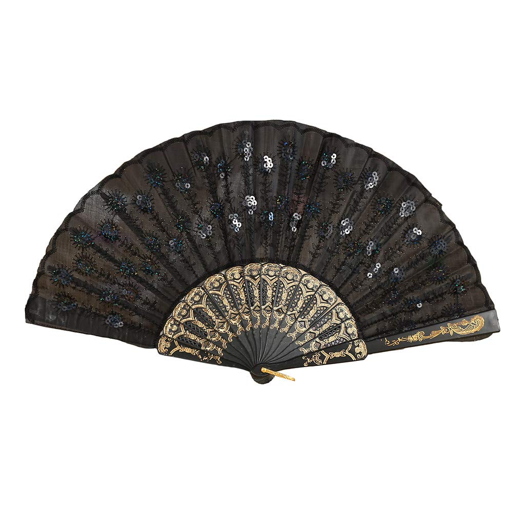 Folding Flower Hand Chinese Dance Wedding Silk Fan Style Lace Party Held Fans 6 Clip Fan Oscillating (Black-`, One Size)