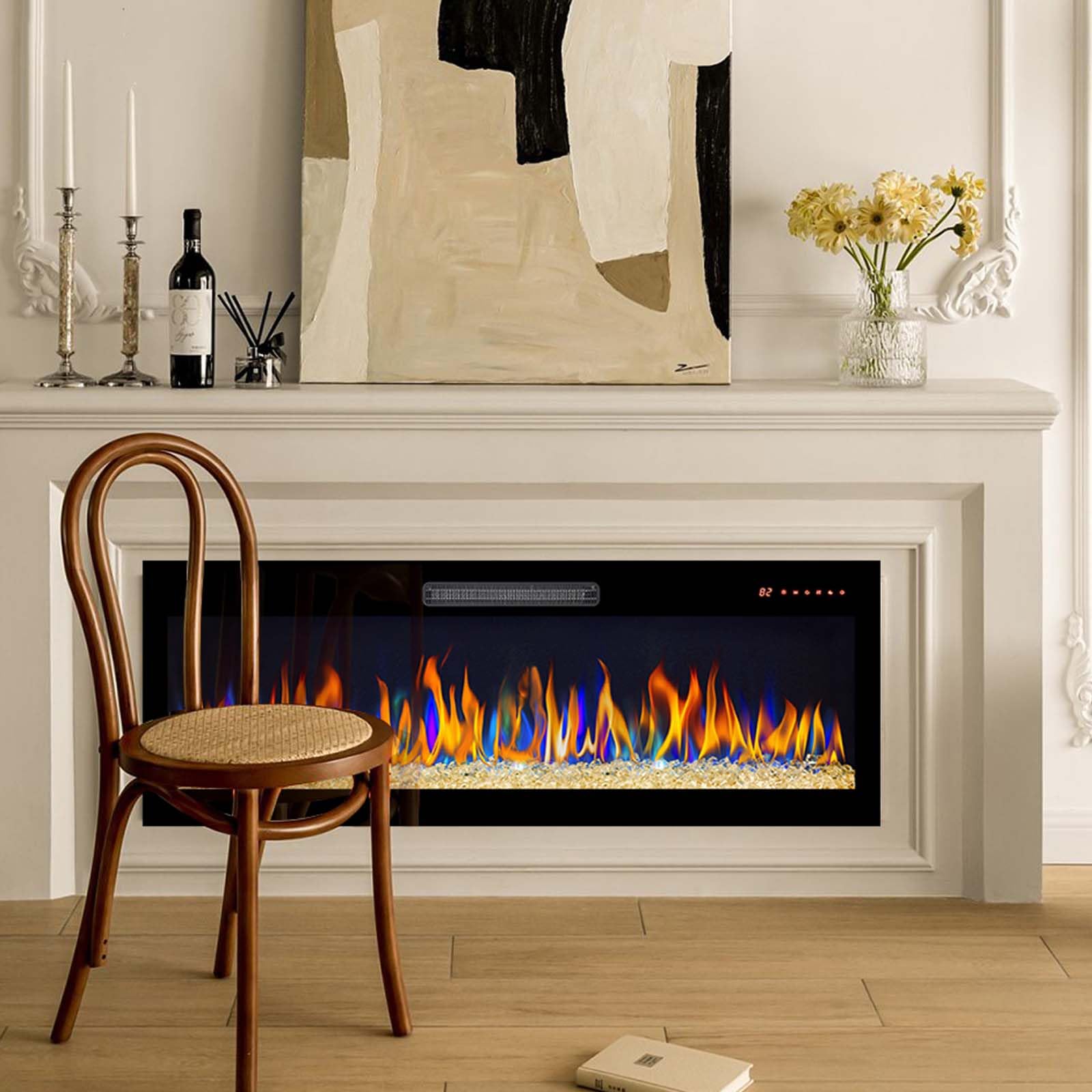 Electric Fireplace 36 inch Recessed and Wall Mounted,Tempered Glass Front Wall Mounted Electric Fireplace with Remote and Multi Color Flame & Emberbed, LED Light Heater (36 inch)