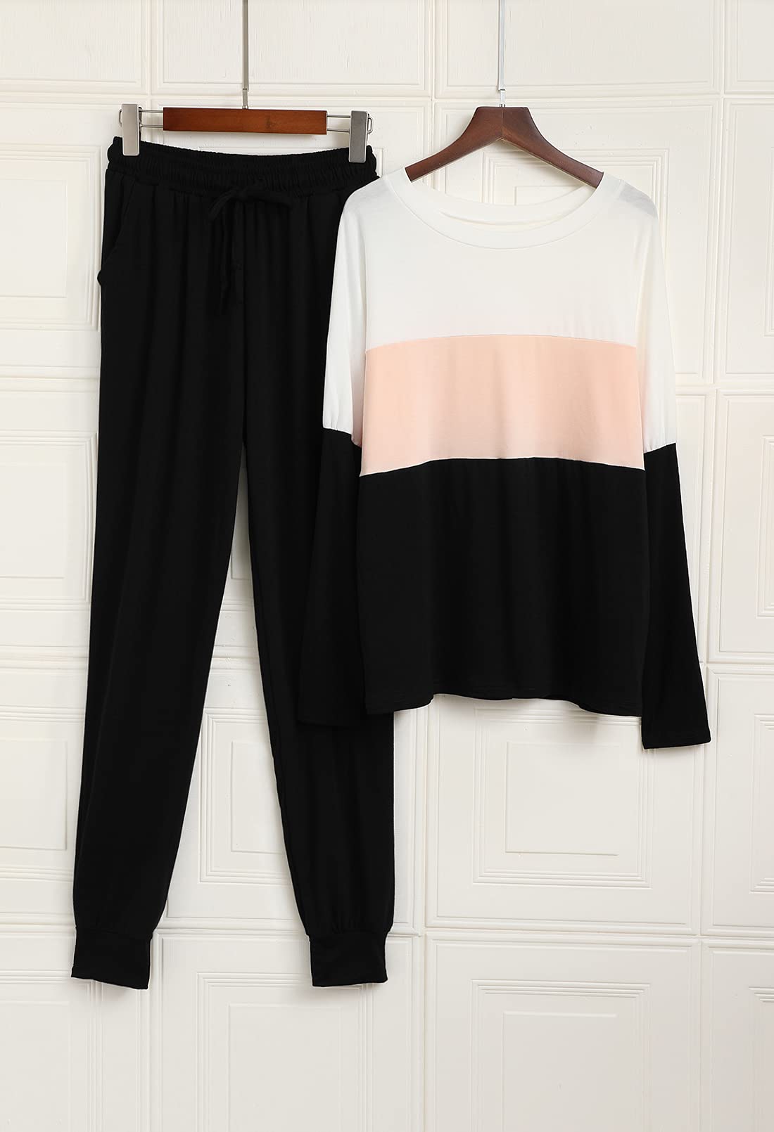 Fixmatti Women 2 Piece Outfit Long Sleeve Colorblock Shirt Pant Set Jogging Sweatsuit Black M