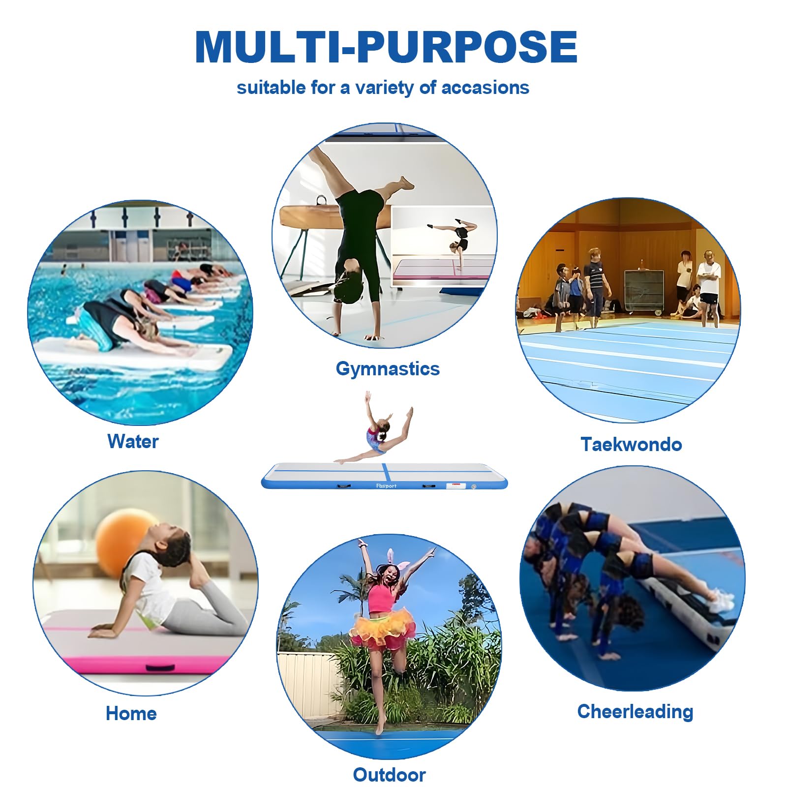 FBSPORT 20ft Inflatable Air Gymnastics Mat Training Mats 4 inches Thickness Gymnastics Tracks for Home Use/Training/Cheerleading/Yoga/Water with Pump