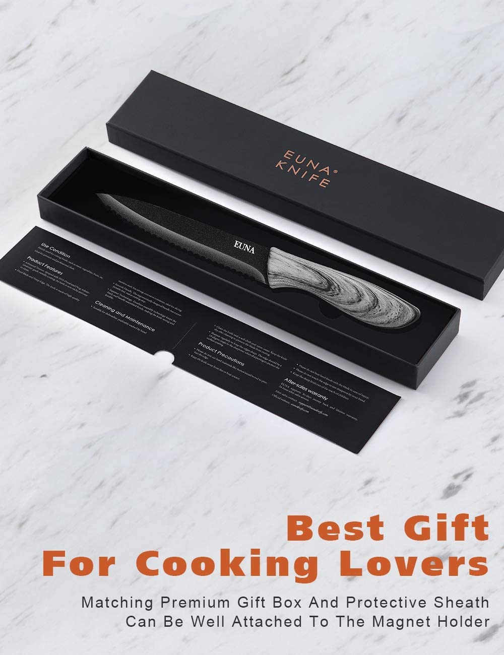 EUNA 5 Inch Bread Knife Ultra Sharp, Kitchen Knife with Sheath & Gift Box, Japanese Chef Knife for Multipurpose Cooking Professional, with PP Non-slip Handle & Non-sticking coating