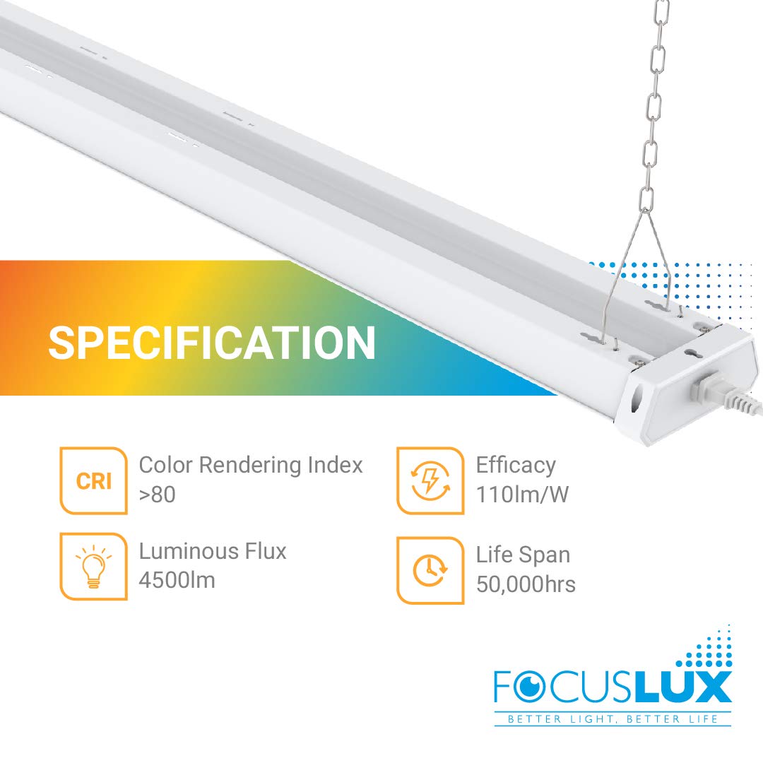 Focuslux Industrial LED Shop Light, 4 FT, Linkable Integrated Fixture, 42W =260W, 5000K Daylight, 4500 LM, Surface + Suspension Mount, Pull Chain, Utility Light, Garage- UL (2 Pack)
