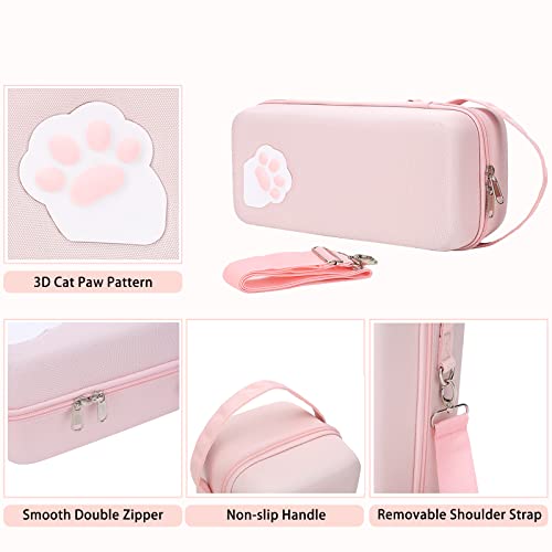 Pemalin Pink Cute Cat Paw Case Compatible with Nintendo Switch/Switch OLED - Hardshell Travel Carrying Case fit Switch Console & Various Game Accessories with Removable Shoulder Strap.