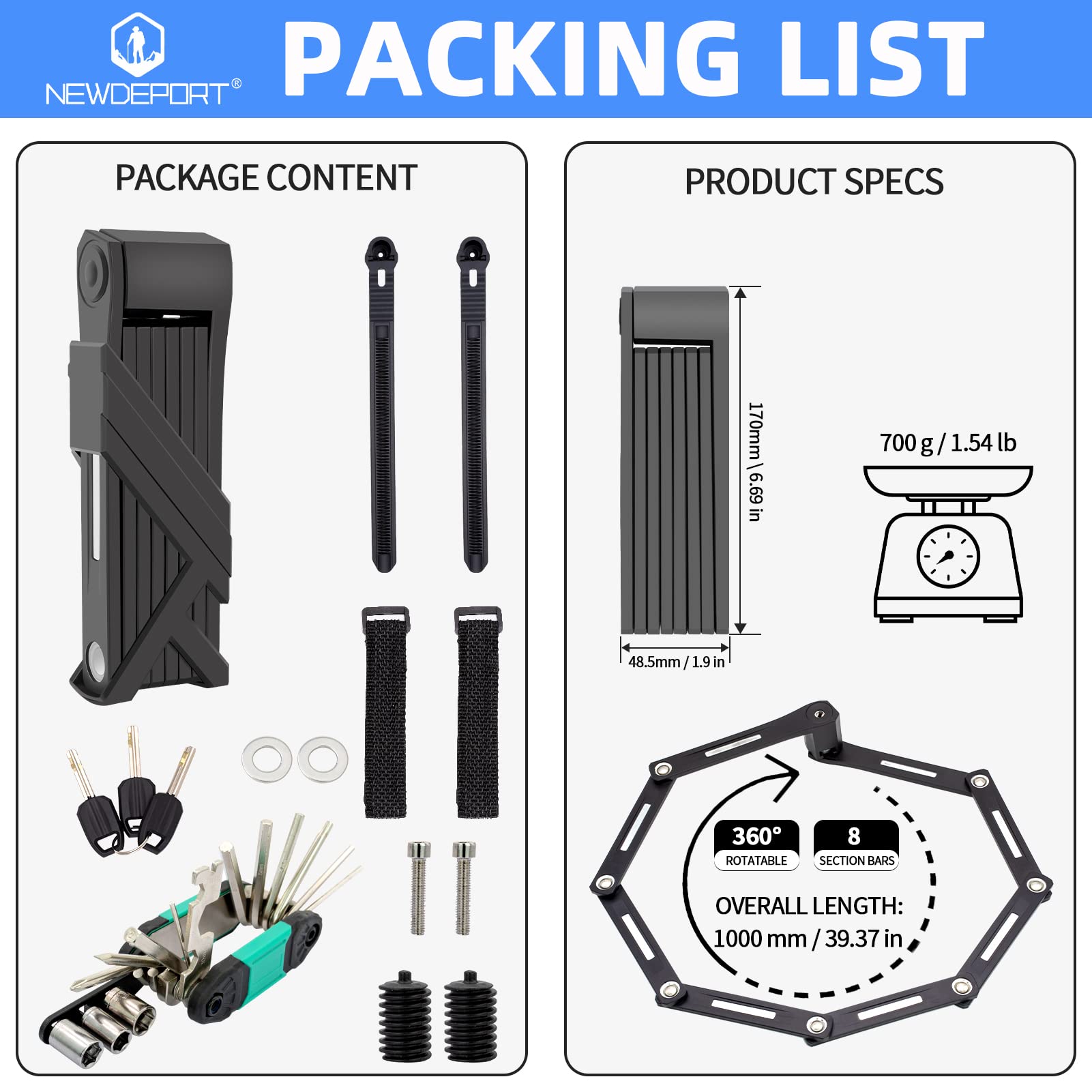 Folding Bike Lock Heavy Duty Anti-Theft Foldable Bike Lock for Electric Bikes, Scooters and Lightweight High Security and Portable Bicycle Attachment Accessory and Bike Multi Tool-1000mm