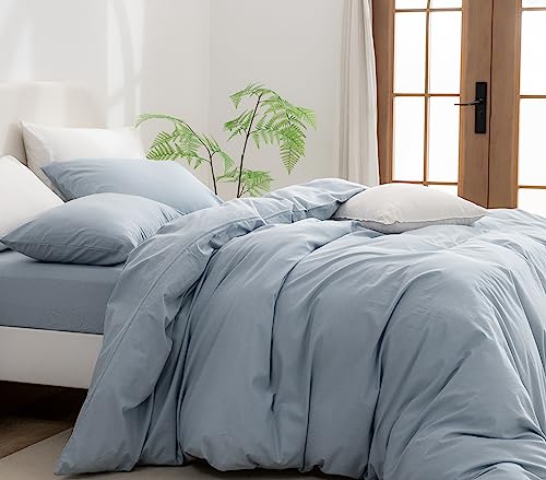 Warm Moment Bedding Duvet Cover Set 100% Washed Cotton Like Textured Breathable Durable Soft Comfy - 3 Pieces Luxury Soft Bedding Set with 2 Pillow Shams & 8 Interior Ties (Blue,Queen,90"x90")