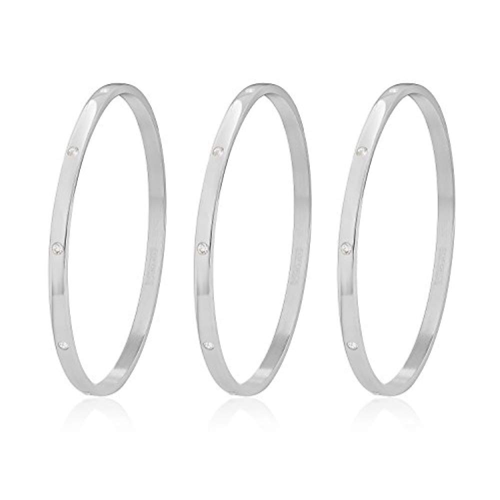 Edforce Stainless Steel Women's Stackable Set of 3 CZ Cubic Zirconia Bangles Bracelets (Silver, 8.5")