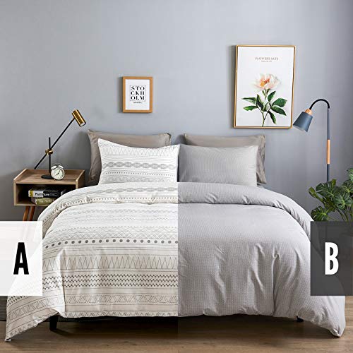 WARMDERN Grey Stripe Boho Duvet Cover Set King, 3pcs Ultra Soft Breathable Aztec Cotton Comforter Cover with Zipper Ties, 1 Bohemian White Duvet Cover & 2 Pillowcase(King,Grey)