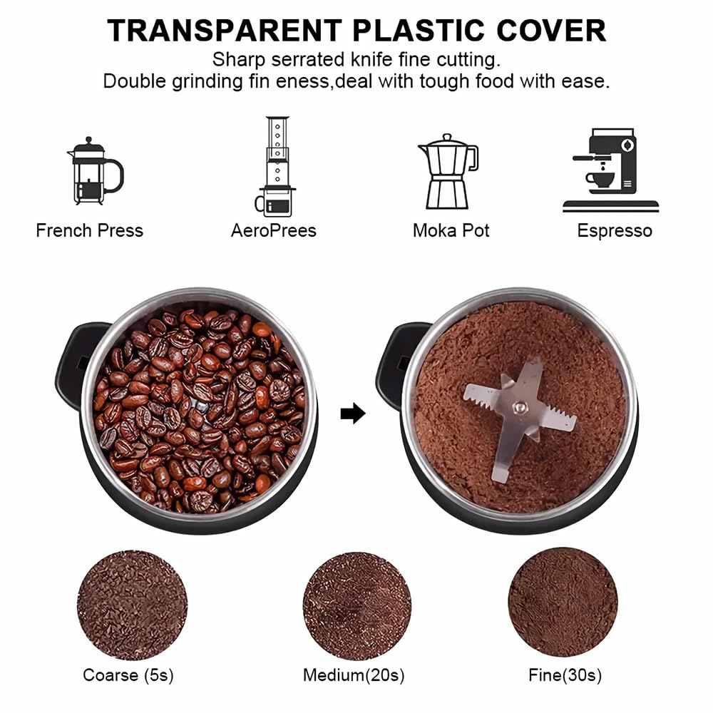 Electric Grinder 30s Quick Powder, Mini Electric Coffee Grinder Cereals, Nuts Beans Spices Grains Grinder Machine Multifunctional Home Blender Chopper