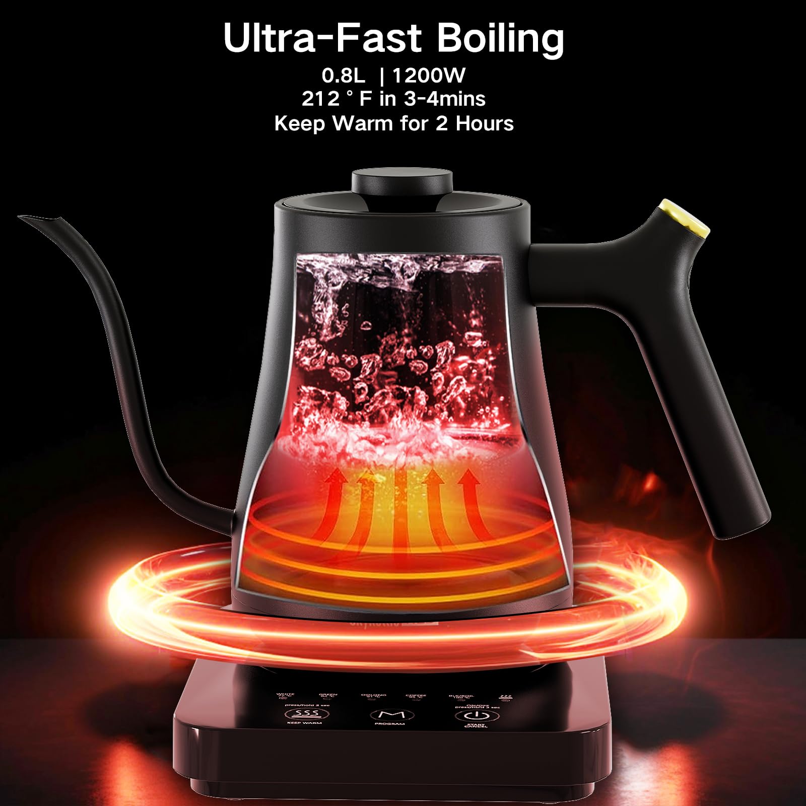 Electric Kettle with 5 Variable Presets,1200W Pour Over Coffee Kettle for Coffee & Tea, 27Oz Gooseneck Water Heater Electric with Auto Shutoff Boil-Dry Protection, 0.8L, Black