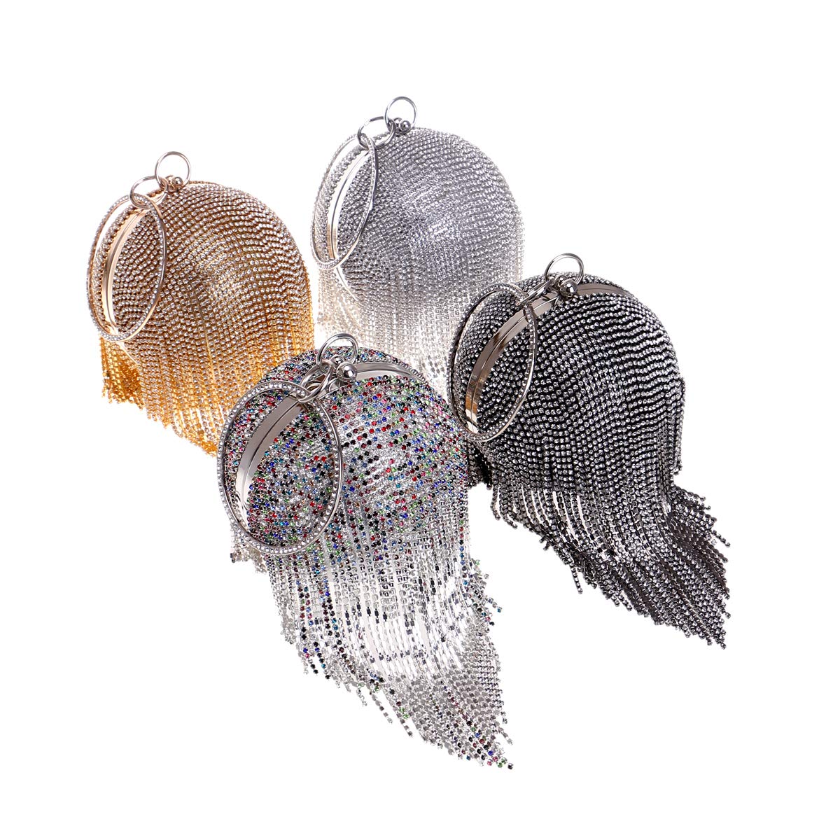 Flada Round Ball Clutch Purse Women Crystal Evening Bag Tassel Wedding Party Handbag, Silver, Small