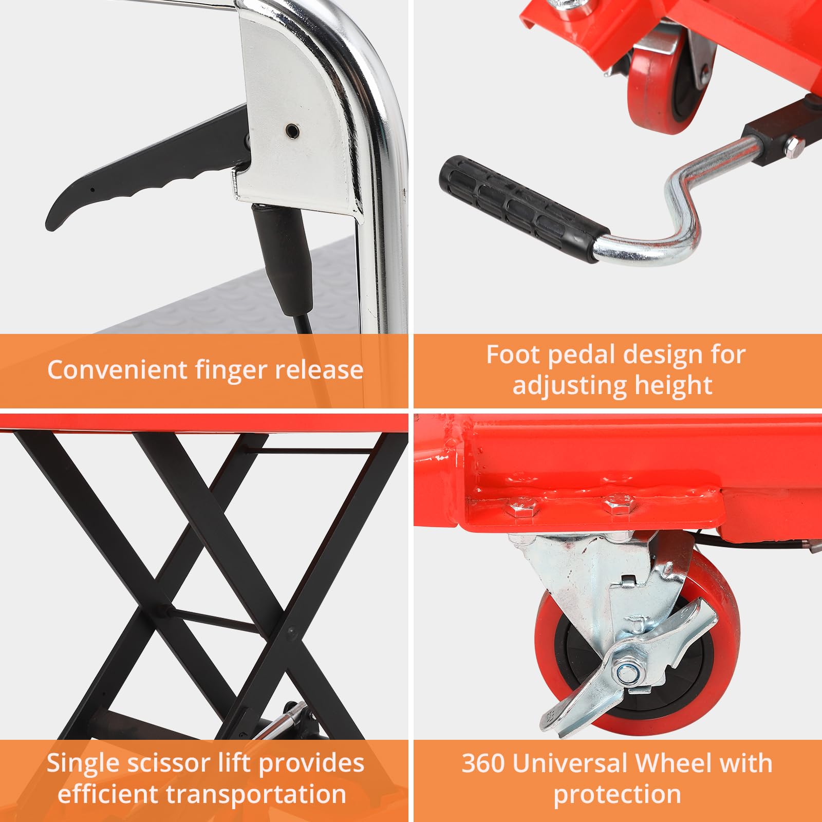 Hydraulic Lift Table Cart 500lbs, Lift Table Capacity 28.5" Lifting Height, Manual Single Scissor with 4 Wheels and Non-Slip Pad Thickness 3mm for Material Handling and Transportation Red