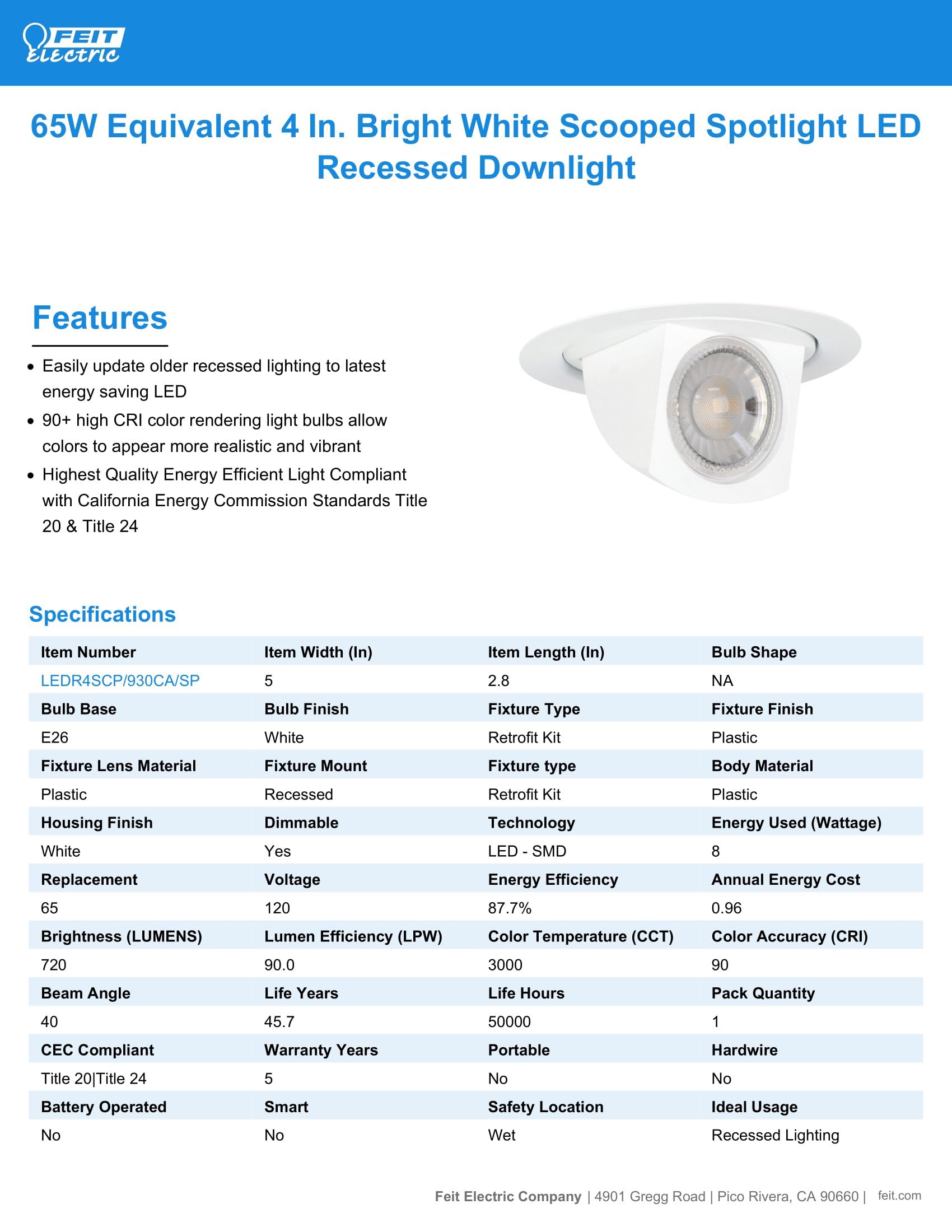 Feit Electric 4 inch Adjustable Scoop Recessed LED Downlight - 3000K Bright White - Dimmable - 65W Equivalent - 45 Year Life - 720 Lumen - High CRI