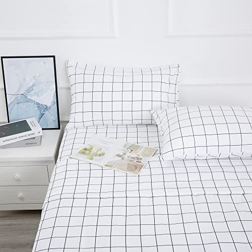 Printed Plaid Bed Sheet Set 3 Pieces - Twin Size - Double Brushed Microfiber Super Soft Breathable Bedding Sheets Black Grid
